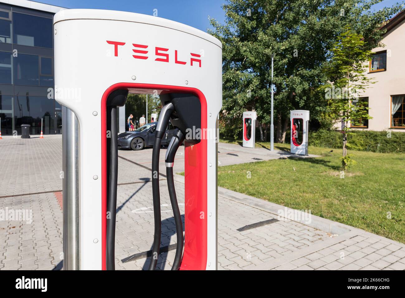 VESTEC, CZECH REPUBLIC - JULY, 19, 2022.Supercharger Tesla station ...