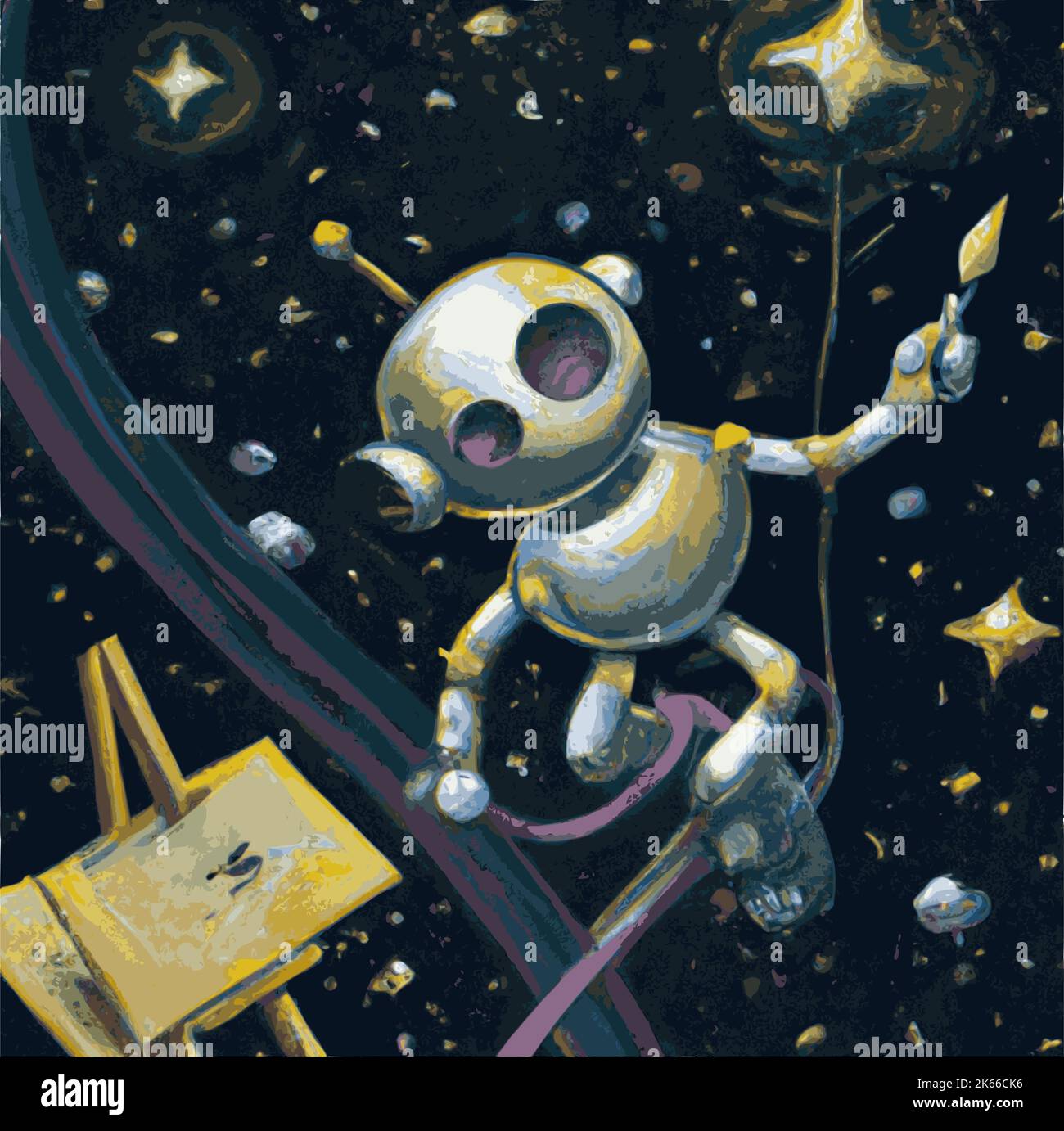 An illustration of a robot painting on canvas in space surrounded with ...