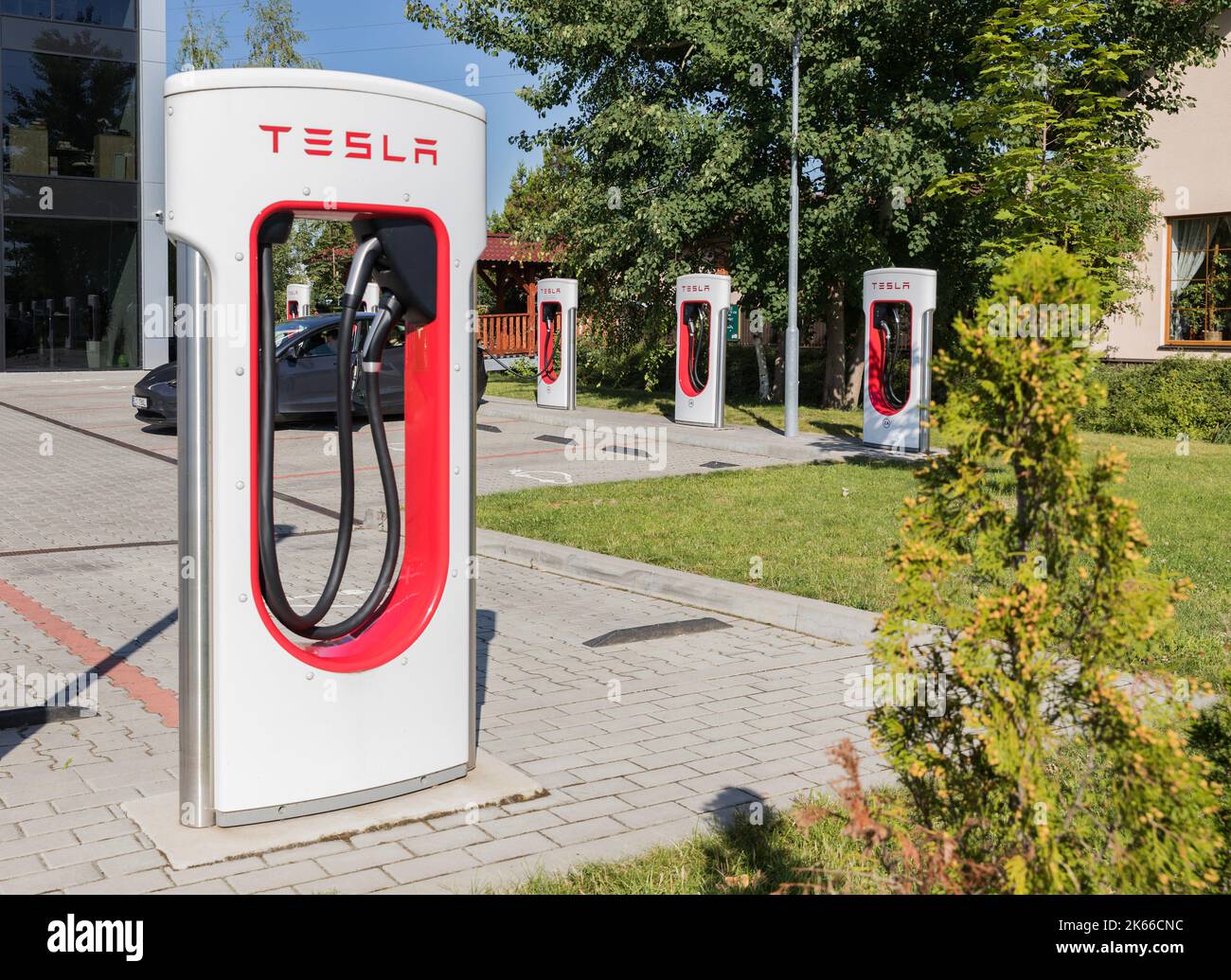 VESTEC, CZECH REPUBLIC - JULY, 19, 2022.Supercharger Tesla station ...