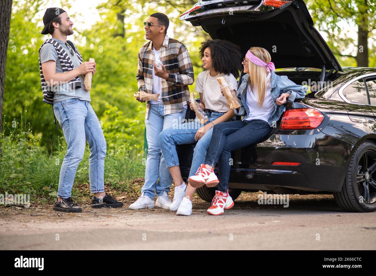 Group of young people at the car having some food and discussing ...