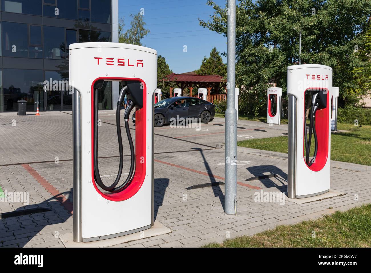 VESTEC, CZECH REPUBLIC - JULY, 19, 2022.Supercharger Tesla station ...