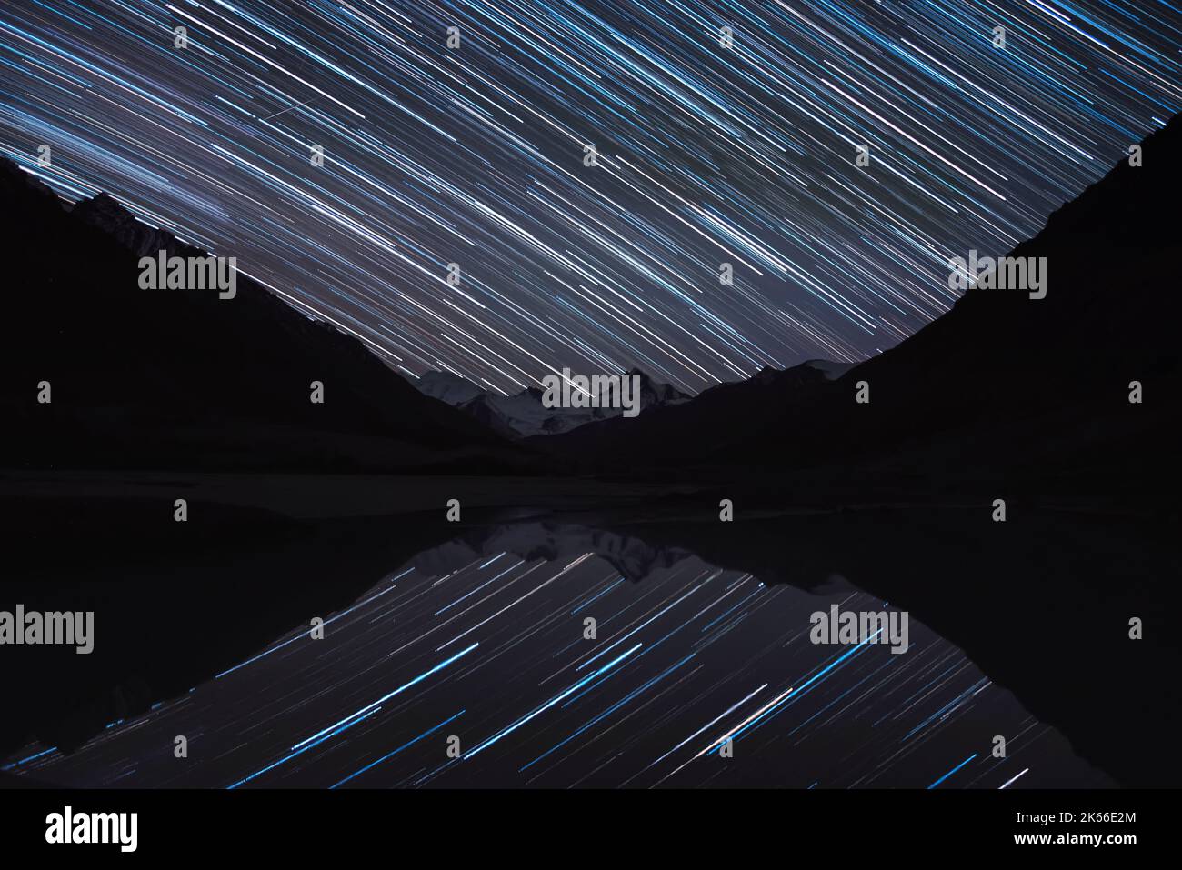 Amazing night view with stars in the form of tracks over the glacier ...