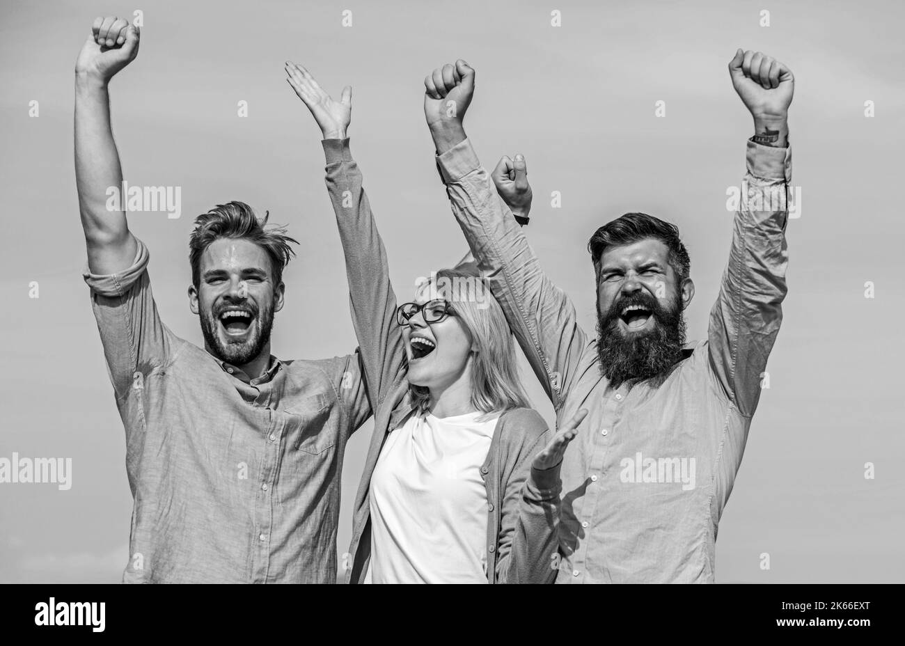 Employees enjoy feeling of freedom. Freedom concept. Men with beard in ...