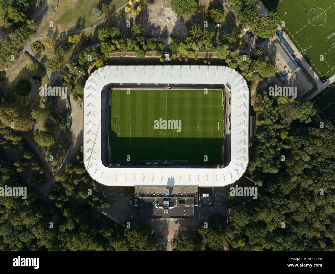 Soccer football stadium top down overhead Aerial in forrest park. Green ...