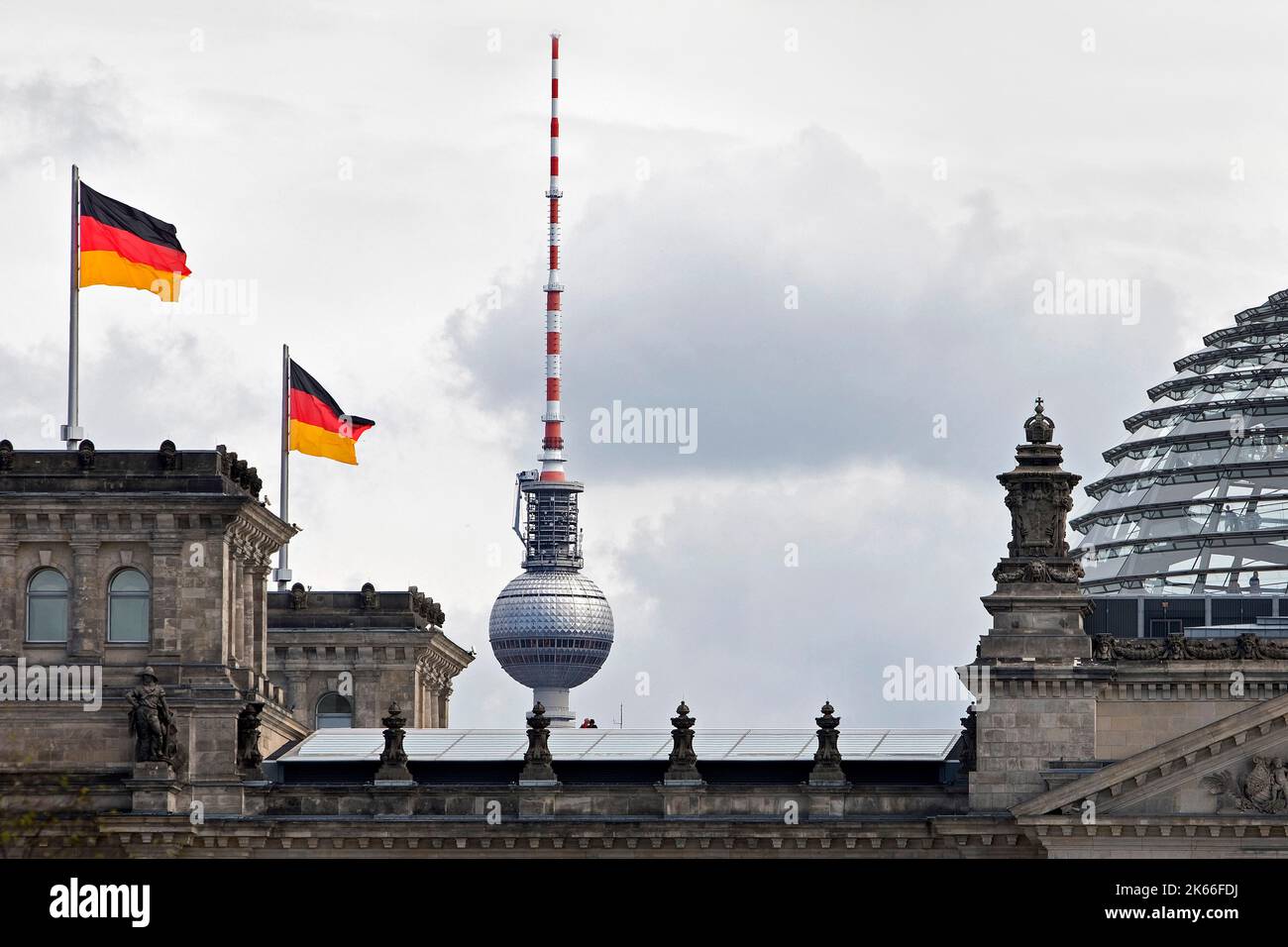 Reichstag, detail with German flags, TV tower and dome, German ...