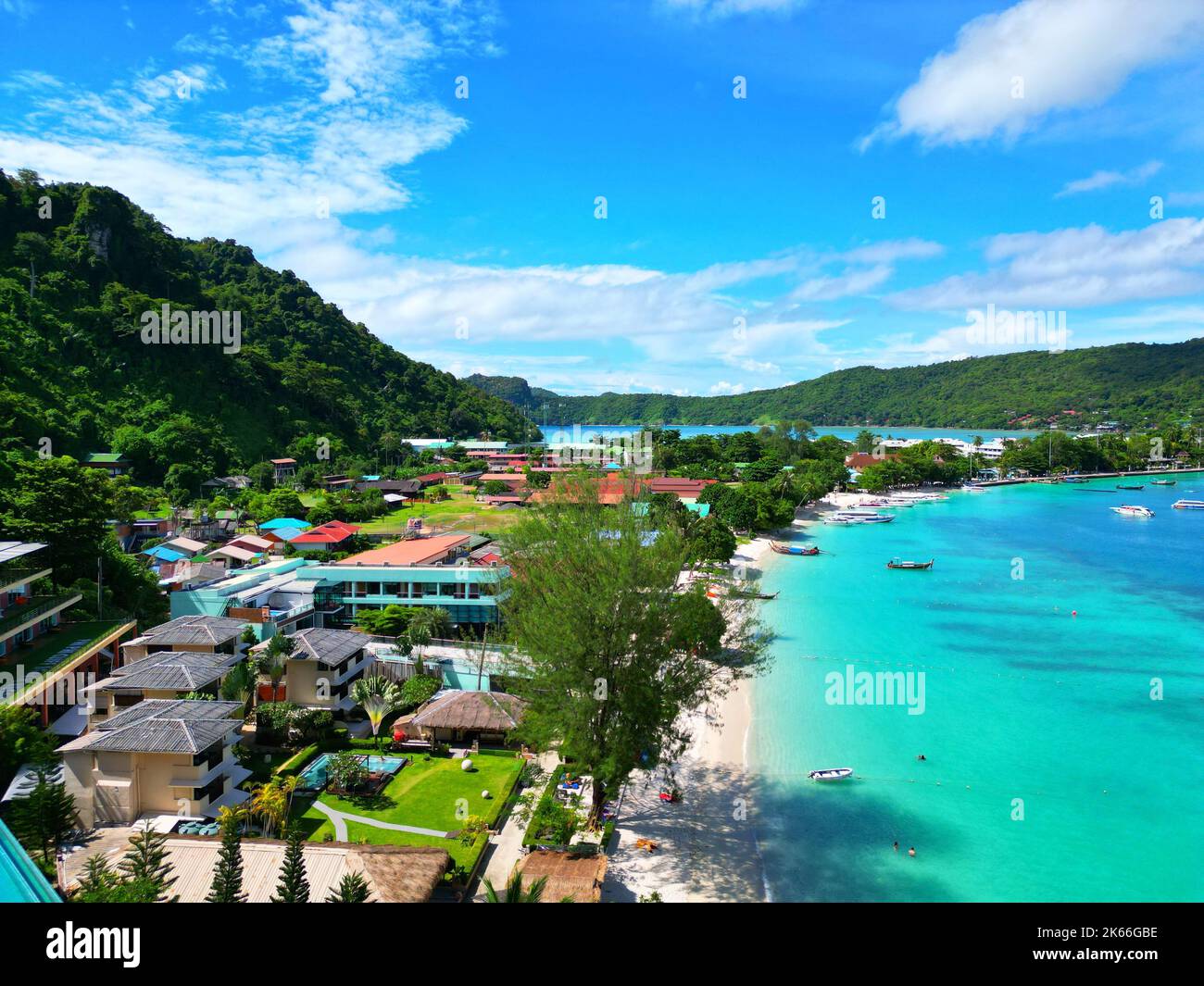 An arial view of the beach of the sea with crystal clear water and ...
