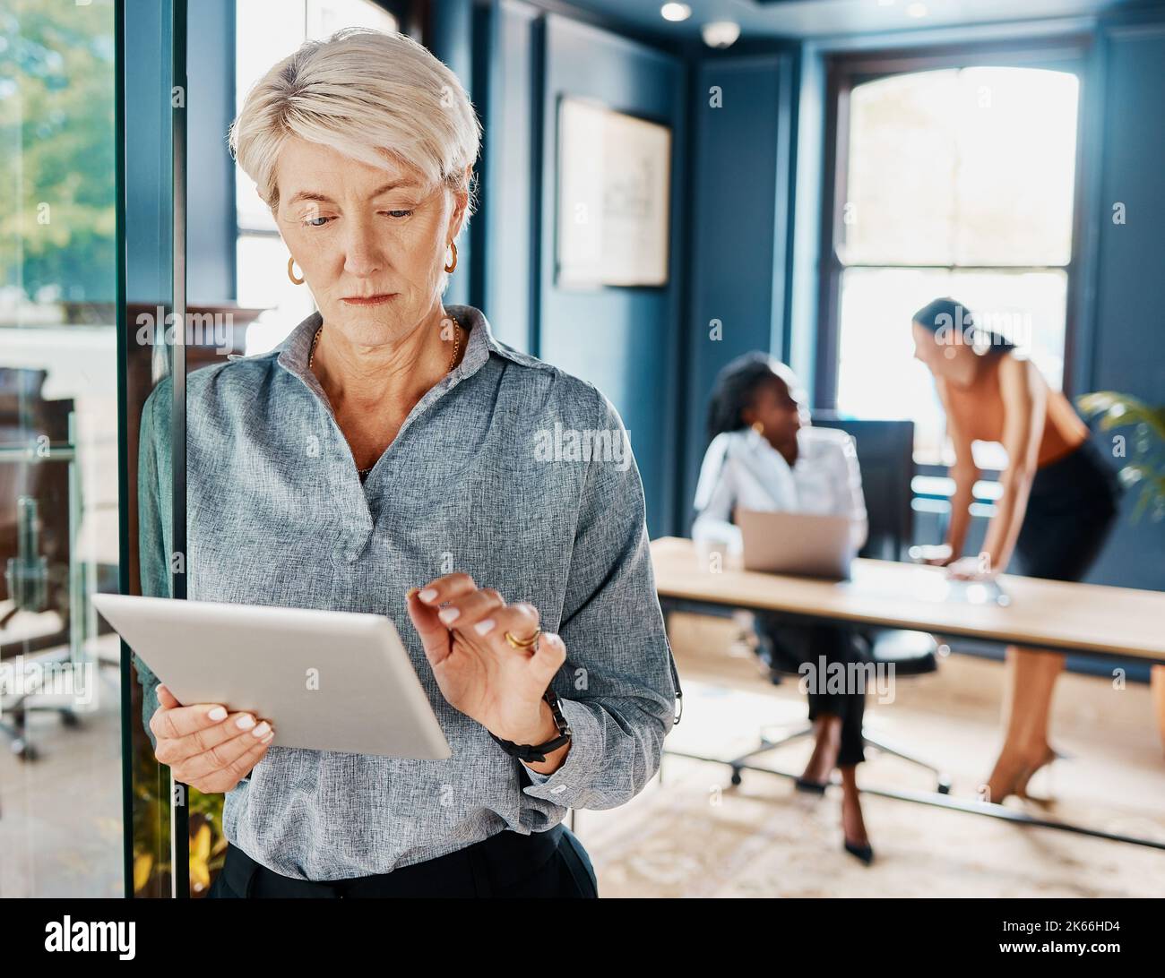 The ultimate management tool. an attractive mature businesswoman using a tablet while standing ...