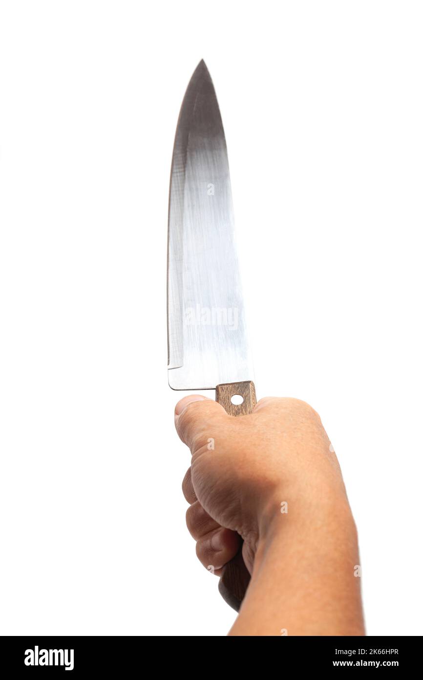 Kitchen knife in a man's hand, isolated on white background Stock Photo ...