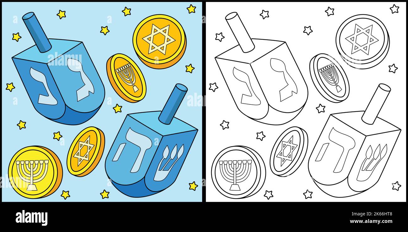 Hanukkah Dreidel and Coins Coloring Illustration Stock Vector Image ...