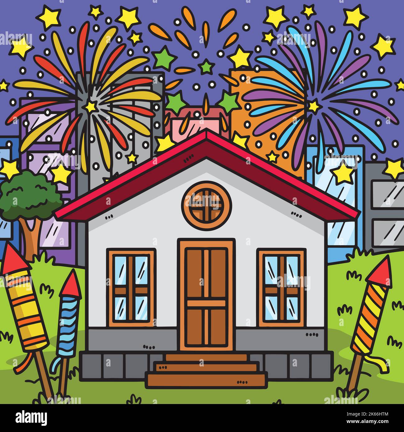 New Year Fireworks Colored Cartoon Illustration Stock Vector Image ...
