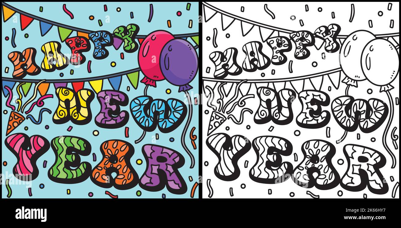 Happy New Year Banner Coloring Page Illustration Stock Vector Image ...