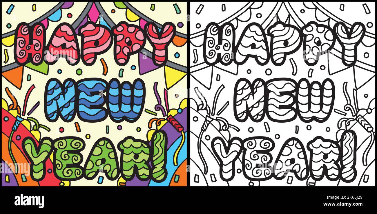 Happy New Year Banner Coloring Page Illustration Stock Vector Image ...