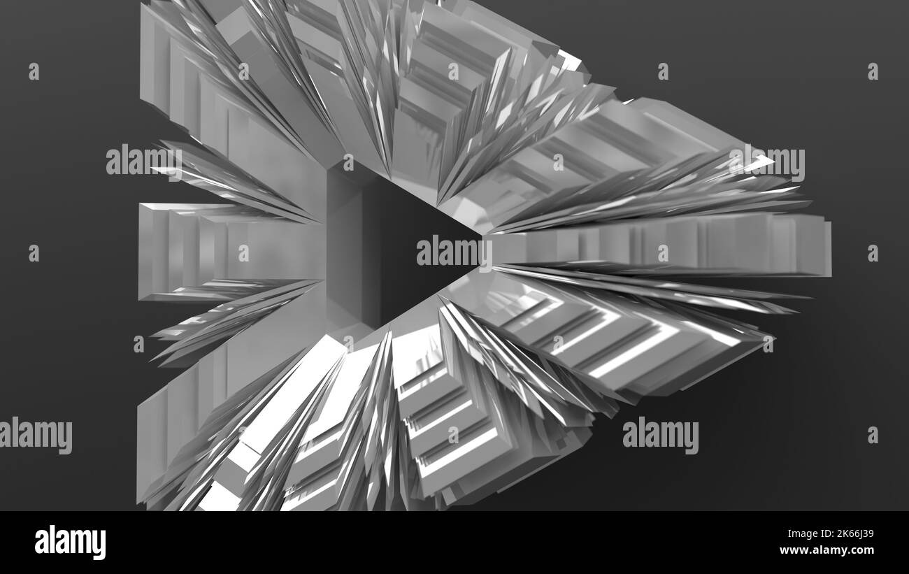3D grayscale rendering of bizarre design of a play button with metallic ...