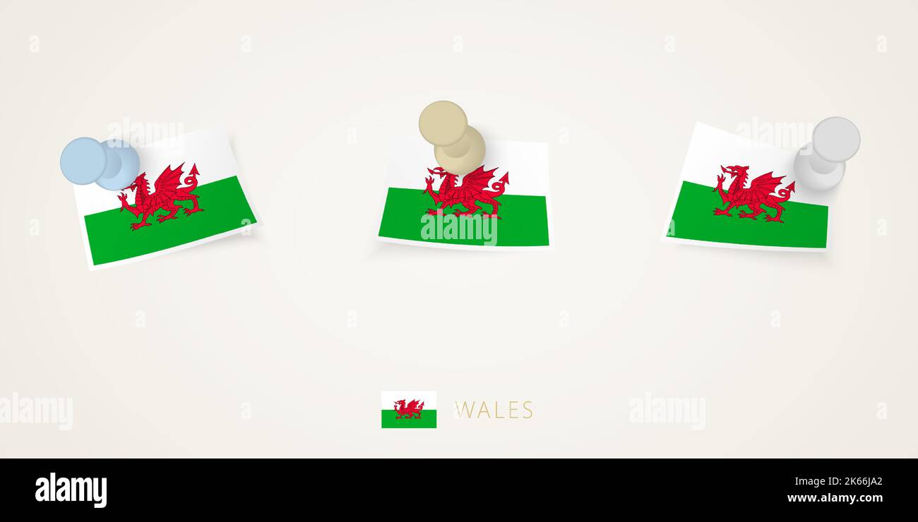 Pinned flag of Wales in different shapes with twisted corners. Vector ...