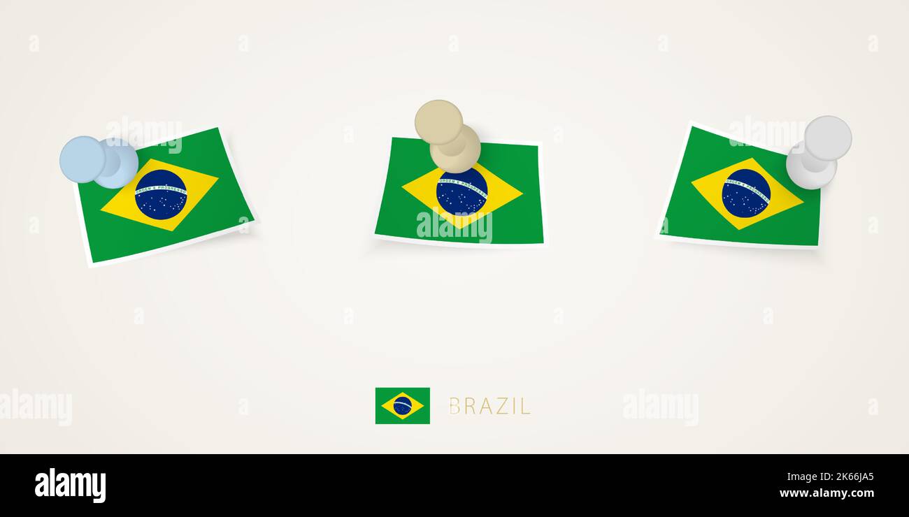 Pinned flag of Brazil in different shapes with twisted corners. Vector ...