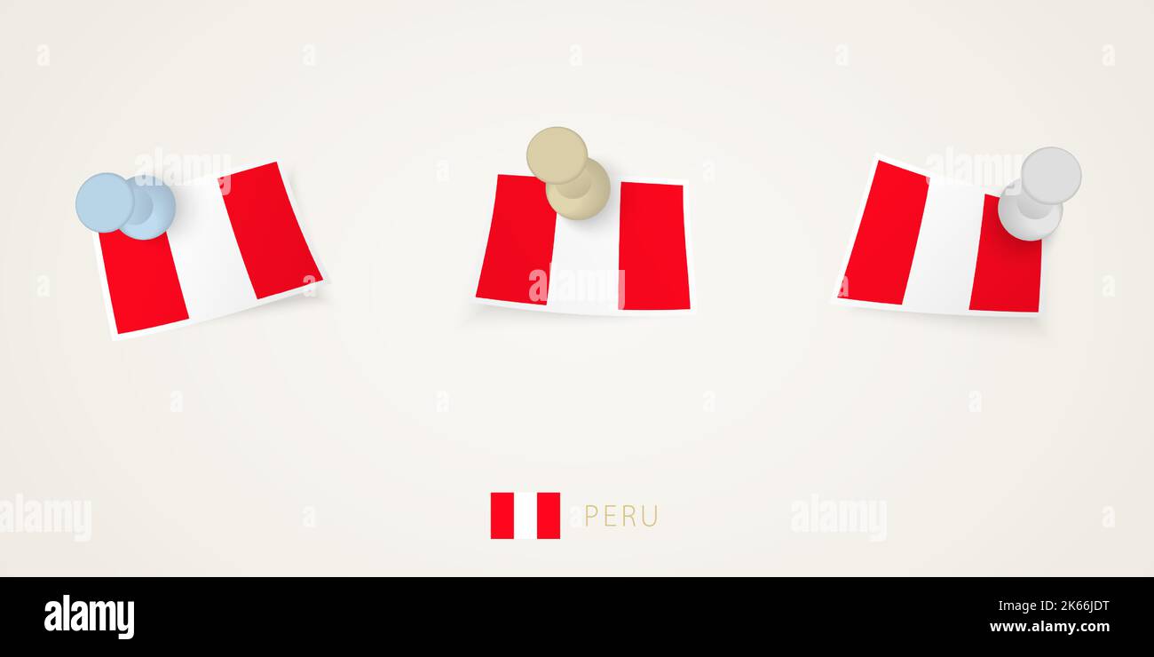 Pinned flag of Peru in different shapes with twisted corners. Vector ...