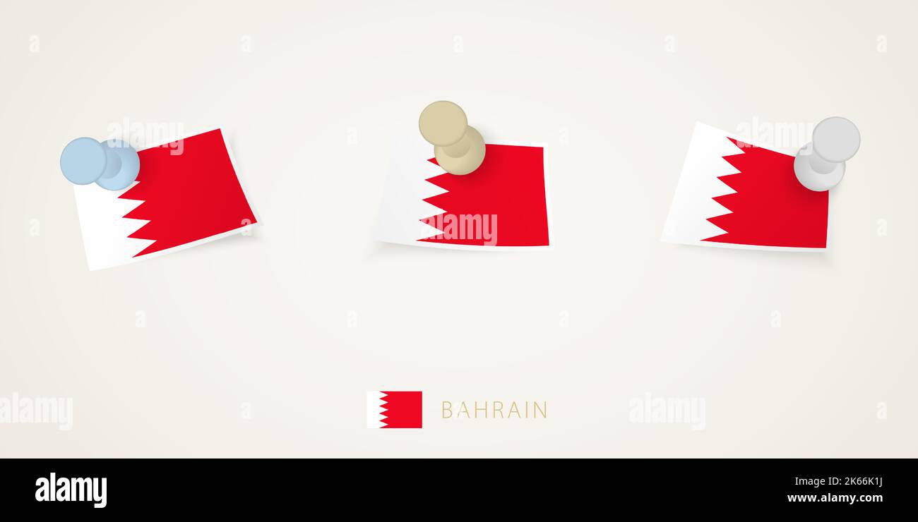 Pinned flag of Bahrain in different shapes with twisted corners. Vector ...