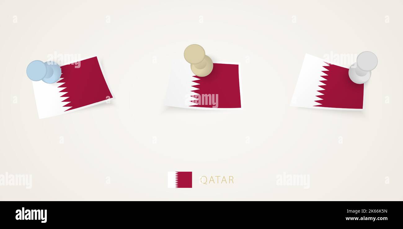 Pinned flag of Qatar in different shapes with twisted corners. Vector ...