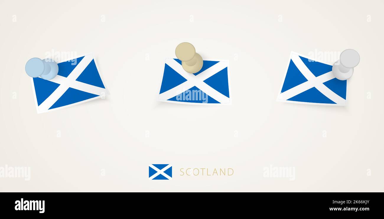 Pinned flag of Scotland in different shapes with twisted corners. Vector pushpins top view. Flag ...