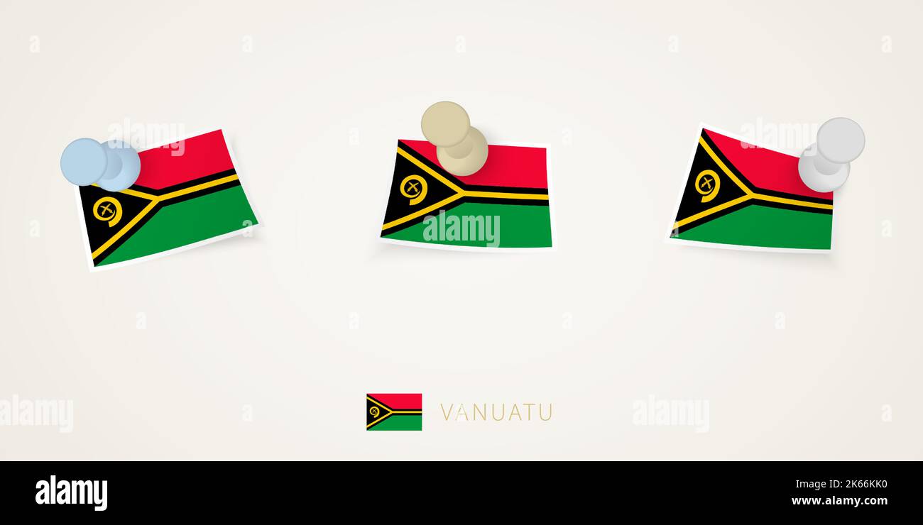 Pinned flag of Vanuatu in different shapes with twisted corners. Vector pushpins top view. Flag ...