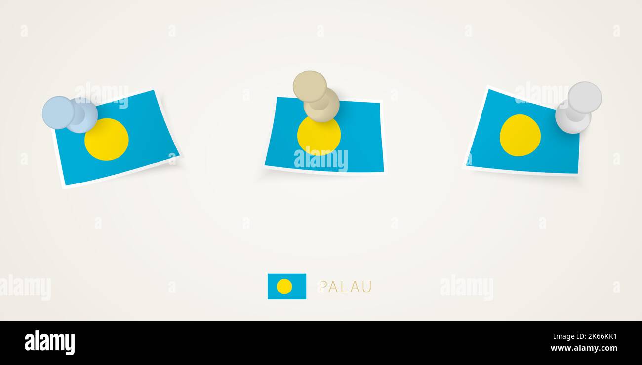 Pinned flag of Palau in different shapes with twisted corners. Vector pushpins top view. Flag ...