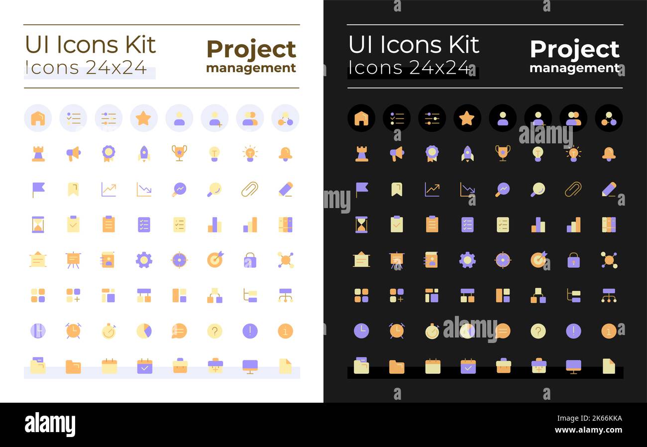 Project management pixel perfect flat color ui icons kit for dark ...