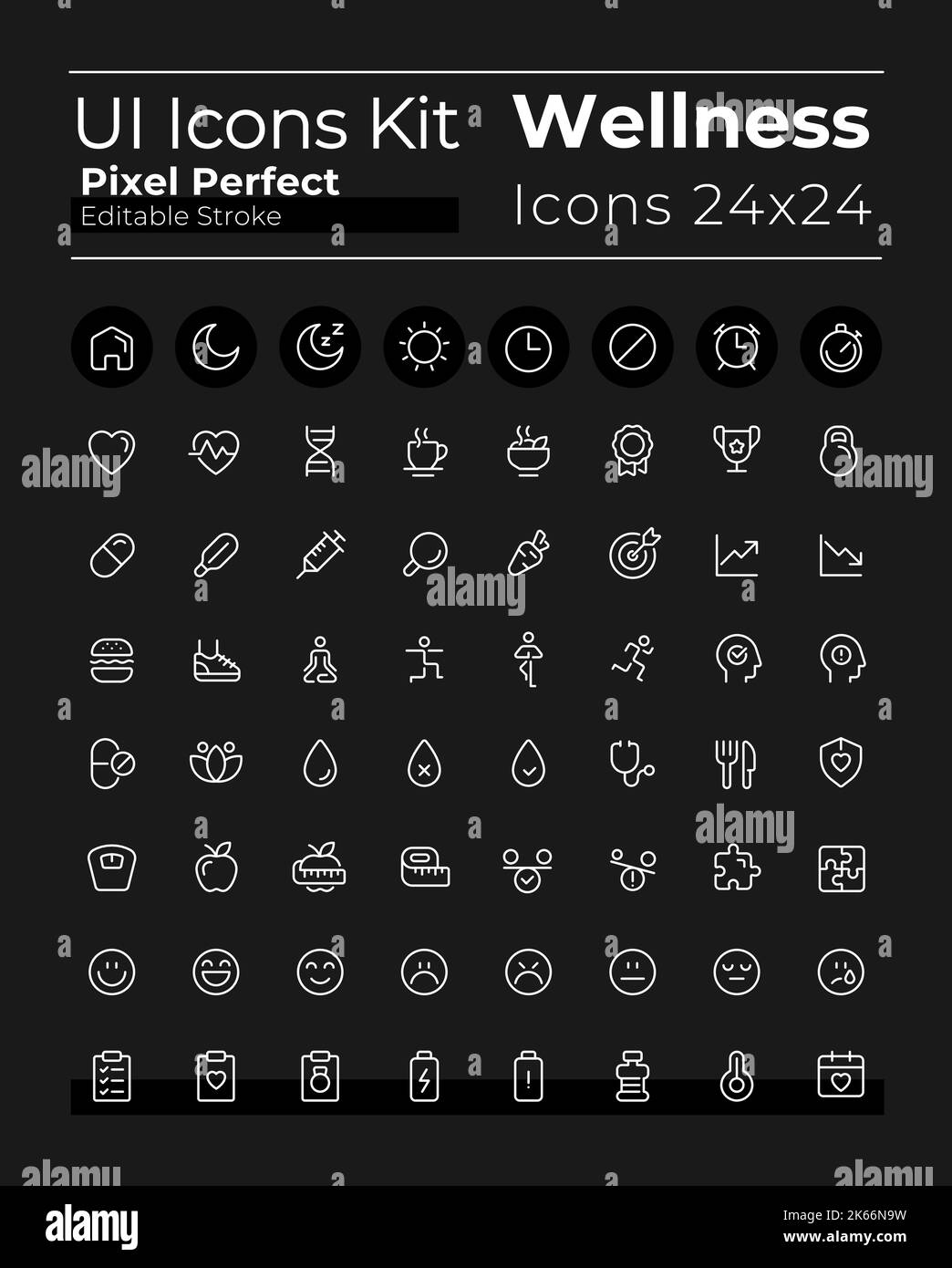Health and wellness pixel perfect white linear ui icons set for dark ...