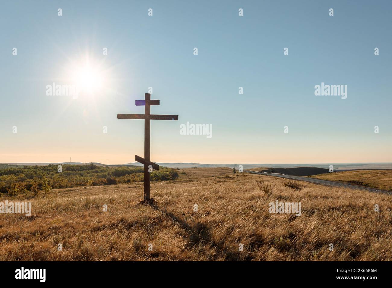 One Christian cross on hill. Early morning at dawn in summer. Sunrise ...