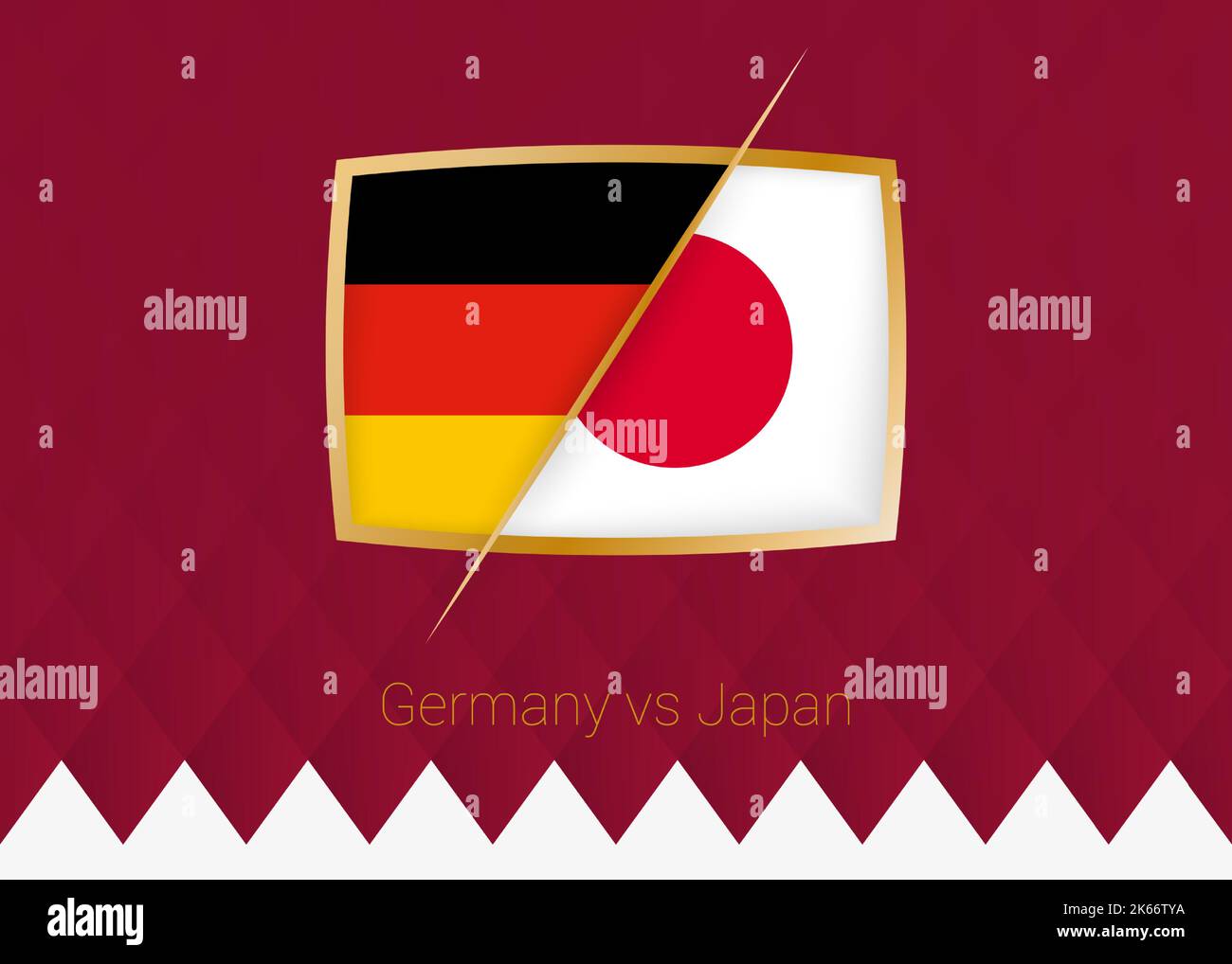 Germany vs Japan, group stage icon of football competition on burgundy ...