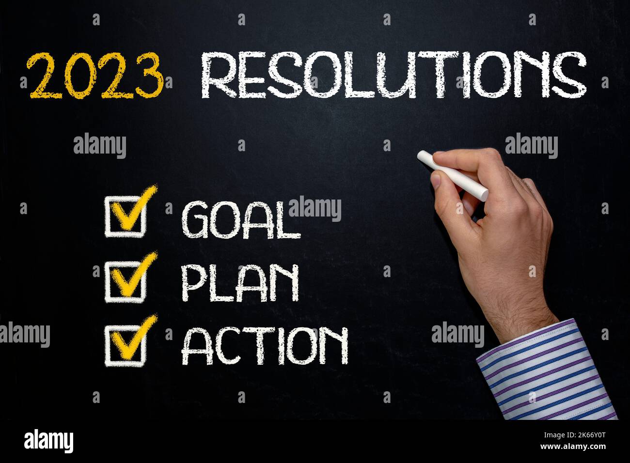 Human Hand Writing New Year 2023 Resolutions on Chalkboard Stock Photo ...