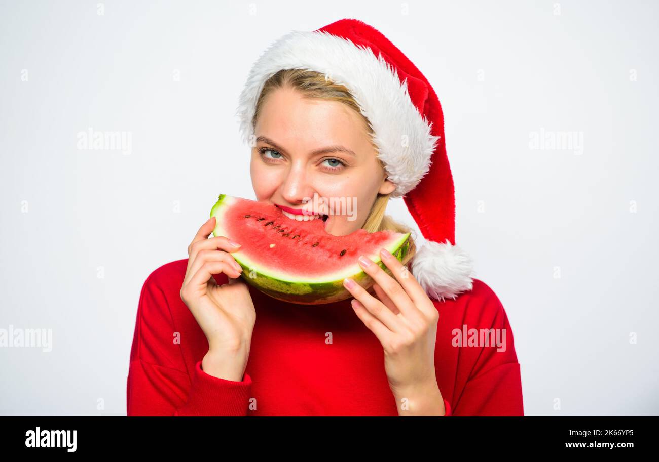 Girl santa hat eat watermelon white background. Ways enjoy tropical ...