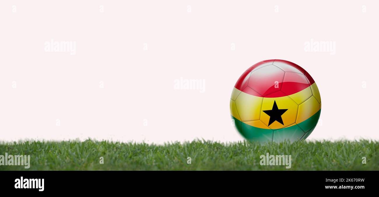 3D illustration Soccer ball with ghana flag on grass, copy space with ...