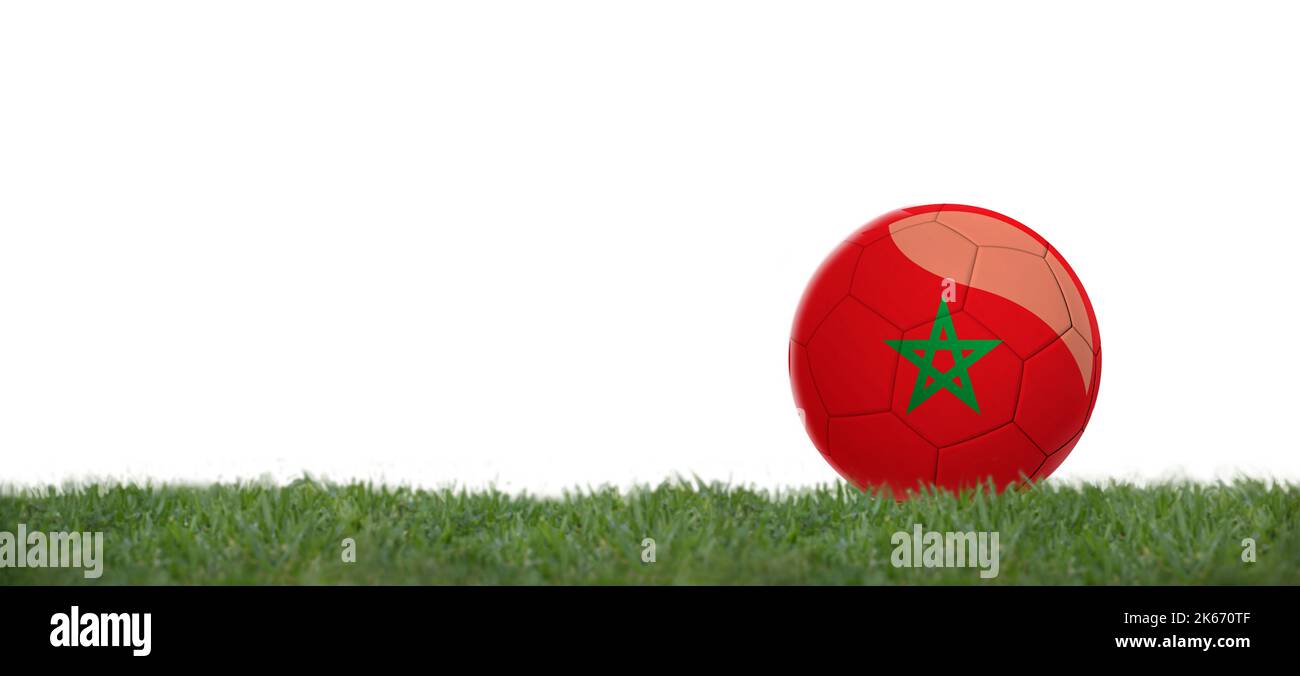 3D illustration Soccer ball with morocco flag on grass, copy space with ...