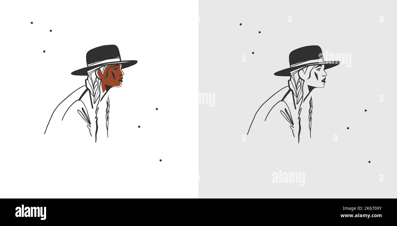 Hand drawn abstract vector graphic clipart illustration boho cowgirl in ...