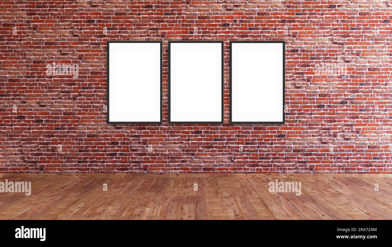 3 vertical frame mockup 3d rendering on a red brick gallery wall with ...
