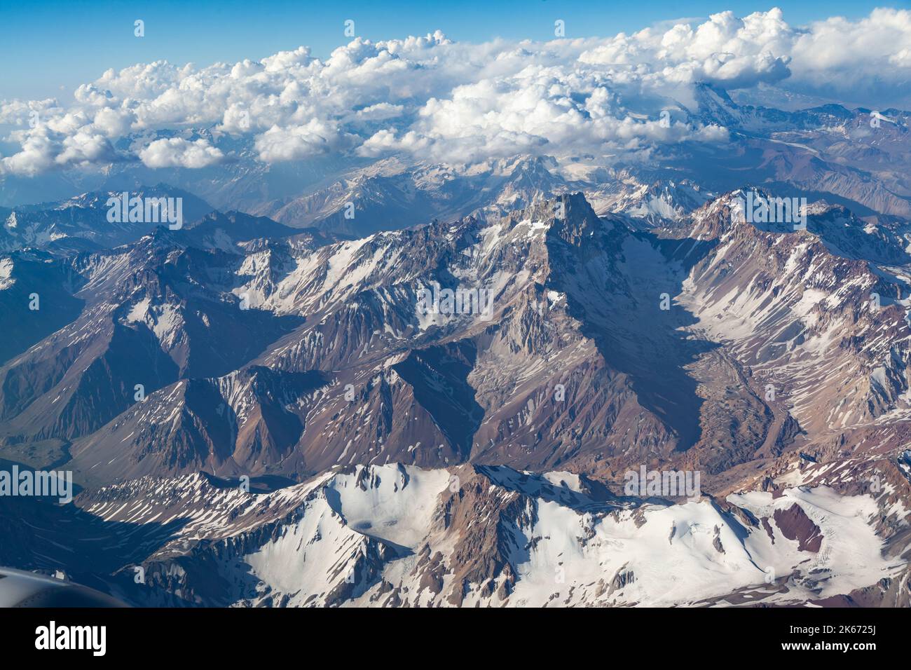 Aerial beautiful scenery of snow-covered landscape of Andes Mountains ...