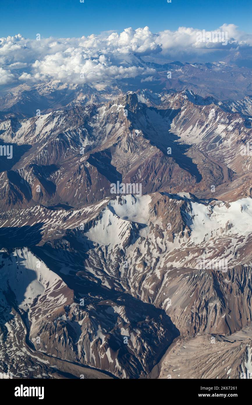 Aerial beautiful scenery of snow-covered landscape of Andes Mountains ...