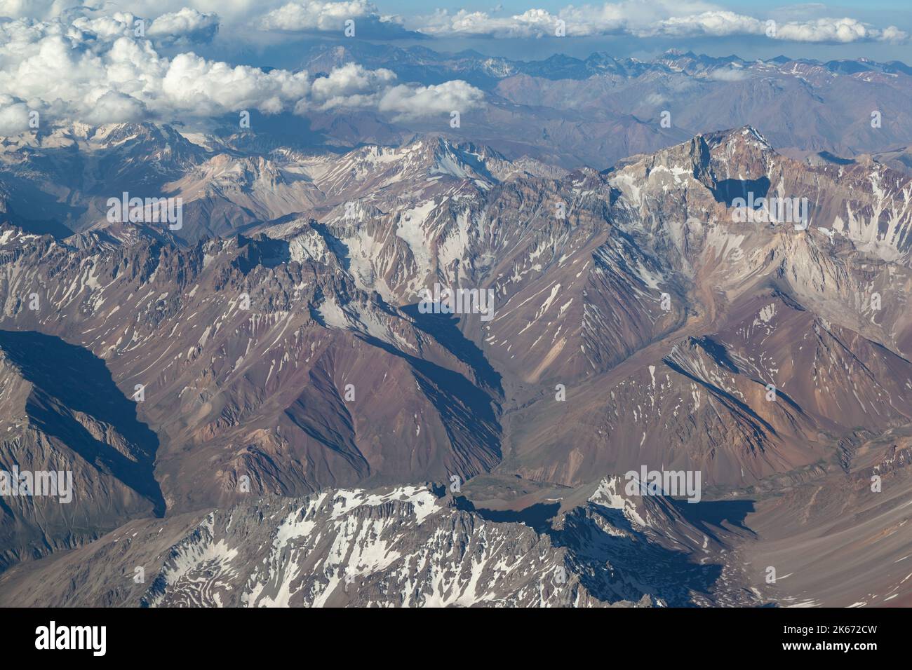 Aerial beautiful scenery of snow-covered landscape of Andes Mountains ...