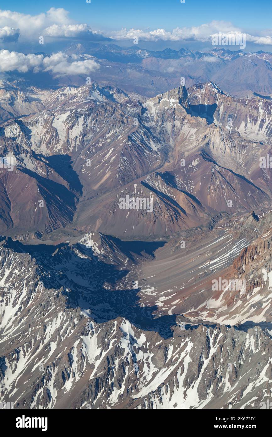 Aerial beautiful scenery of snow-covered landscape of Andes Mountains ...