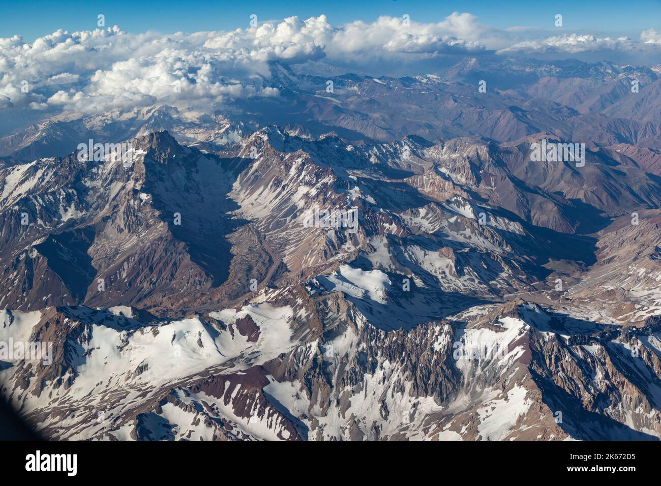 Aerial beautiful scenery of snow-covered landscape of Andes Mountains ...