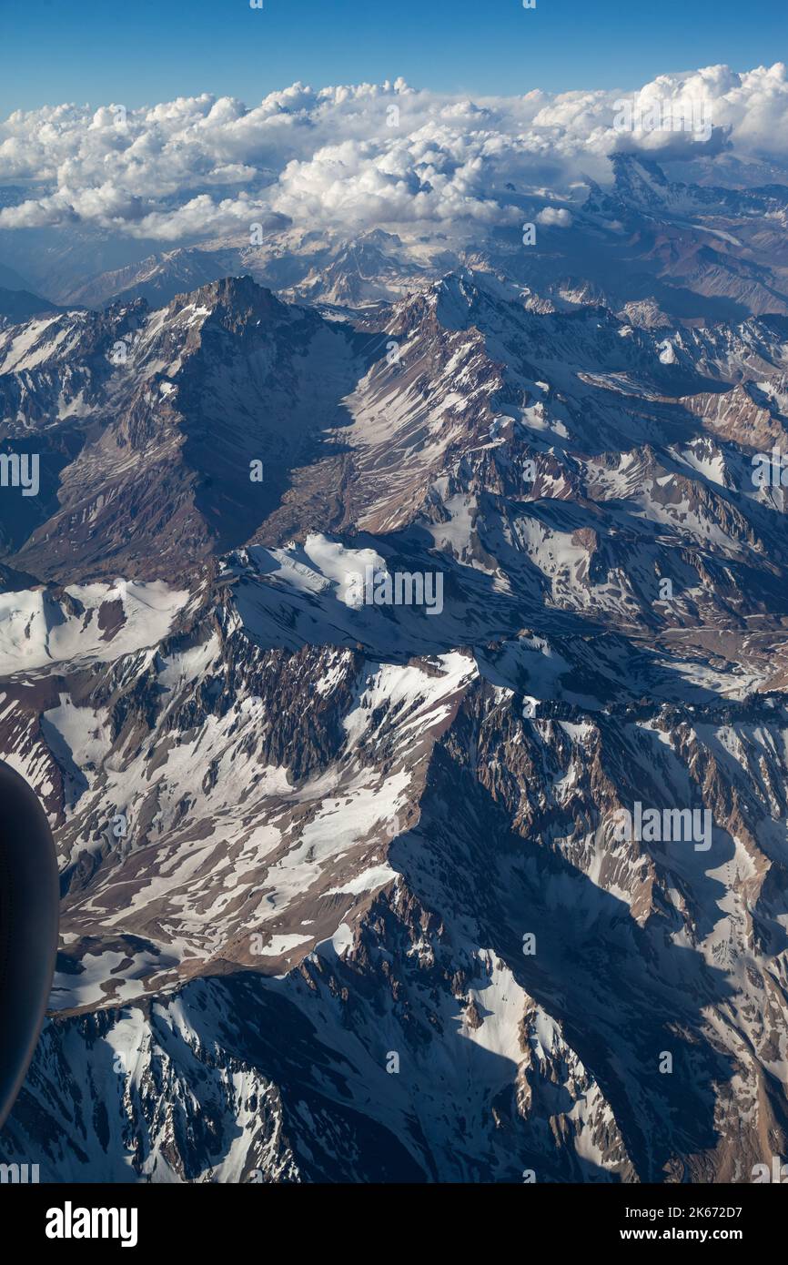 Aerial beautiful scenery of snow-covered landscape of Andes Mountains ...