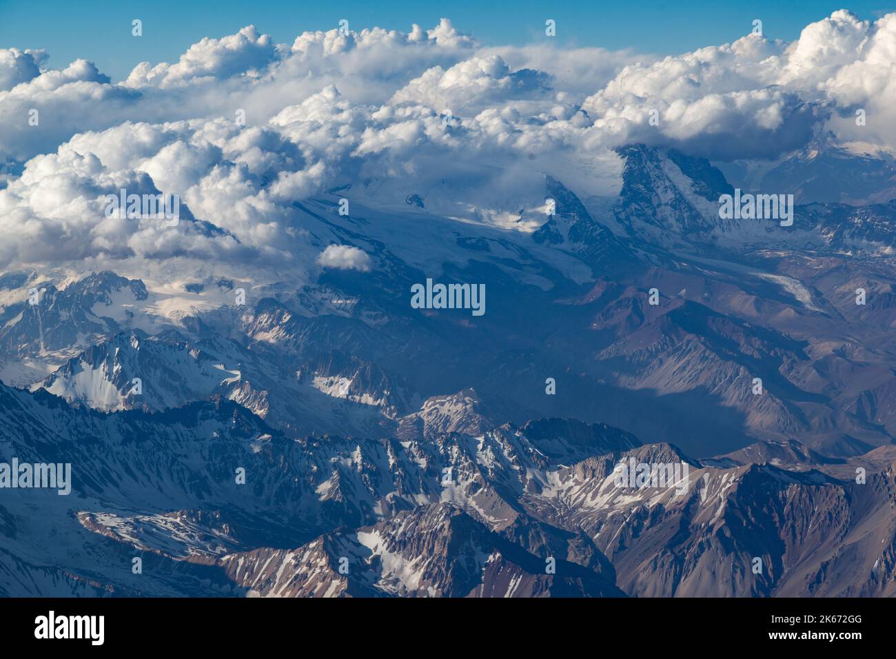 Aerial beautiful scenery of snow-covered landscape of Andes Mountains ...