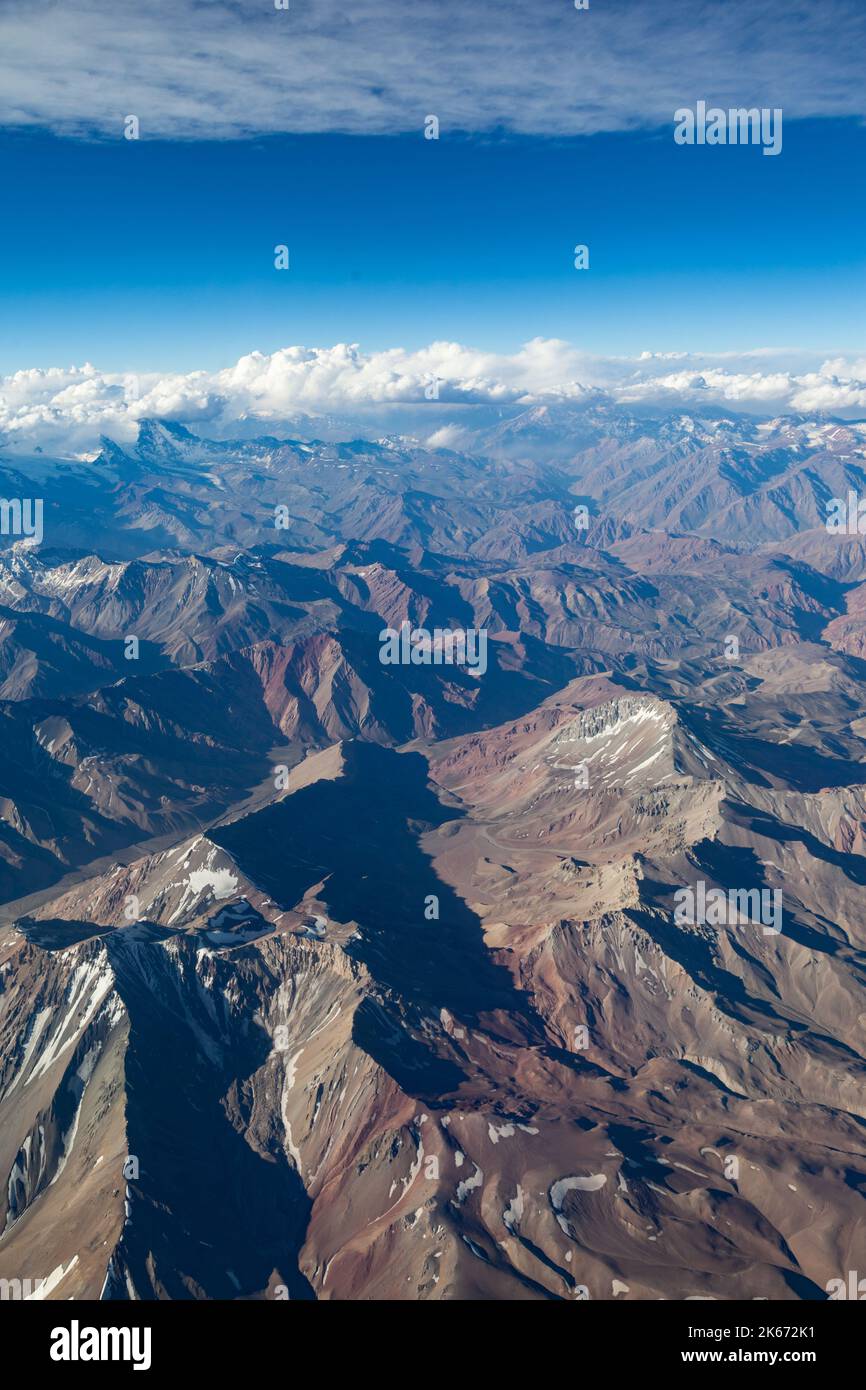 Aerial beautiful scenery of snow-covered landscape of Andes Mountains ...