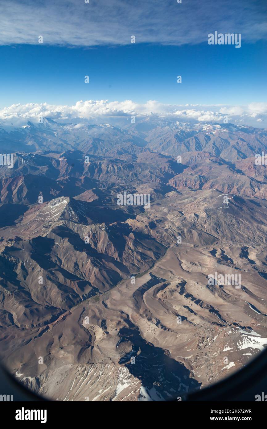 Aerial beautiful scenery of snow-covered landscape of Andes Mountains ...