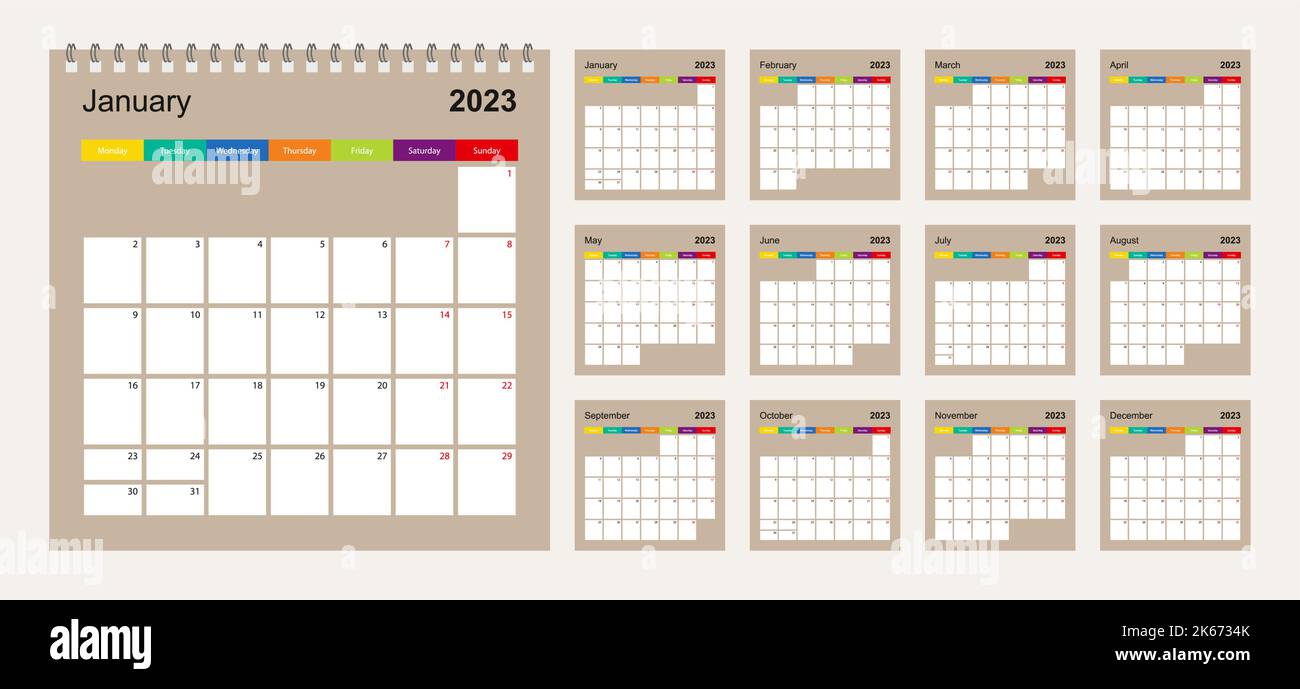 Calendar 2023 colorful design, set of 12 vector wall planner calendar ...