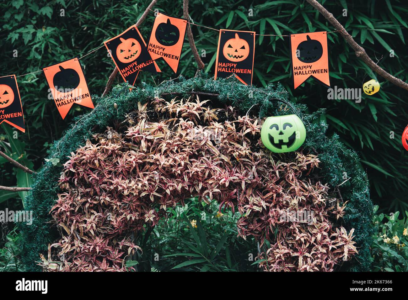Cute Halloween decorations hanging on a tree in the forest to celebrate ...