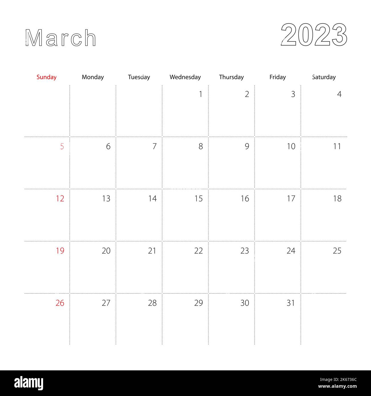 Simple wall calendar for March 2023 with dotted lines. The calendar is ...