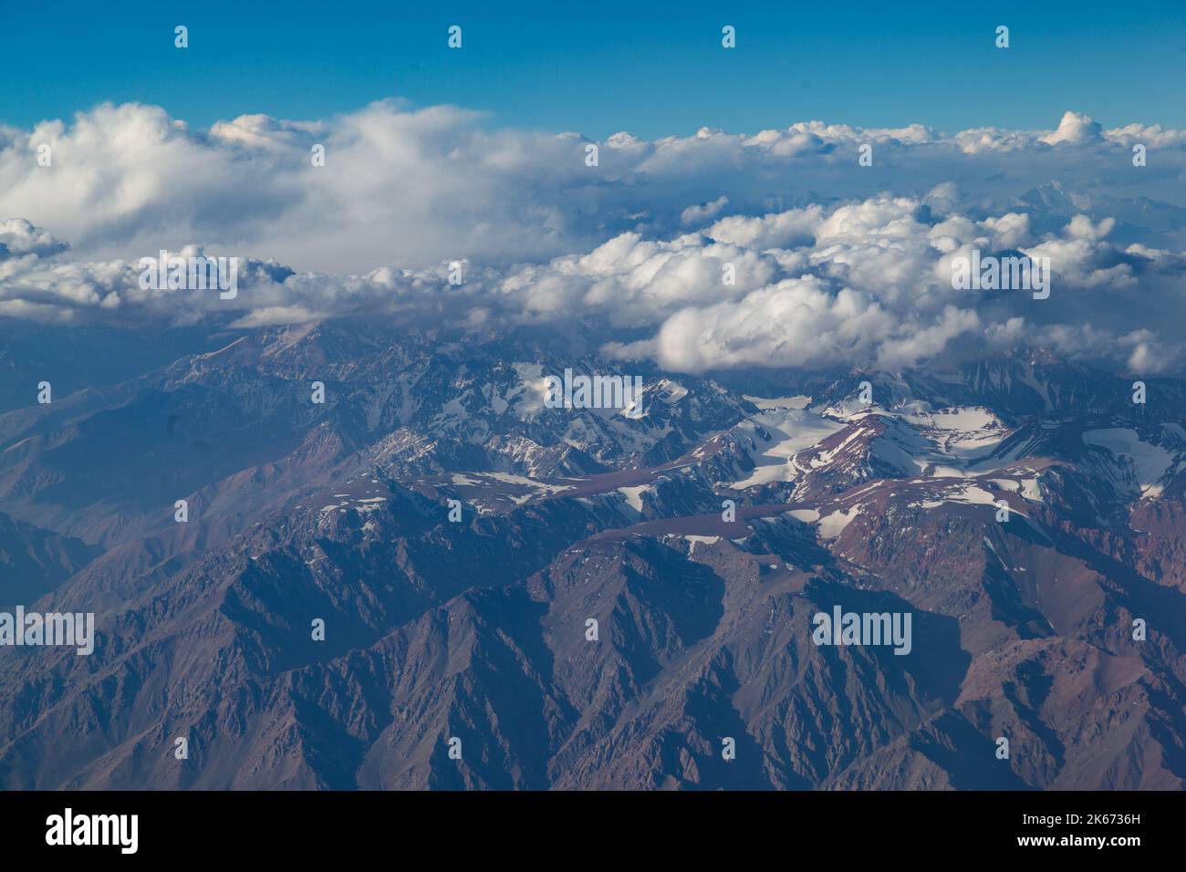 Aerial beautiful scenery of snow-covered landscape of Andes Mountains ...
