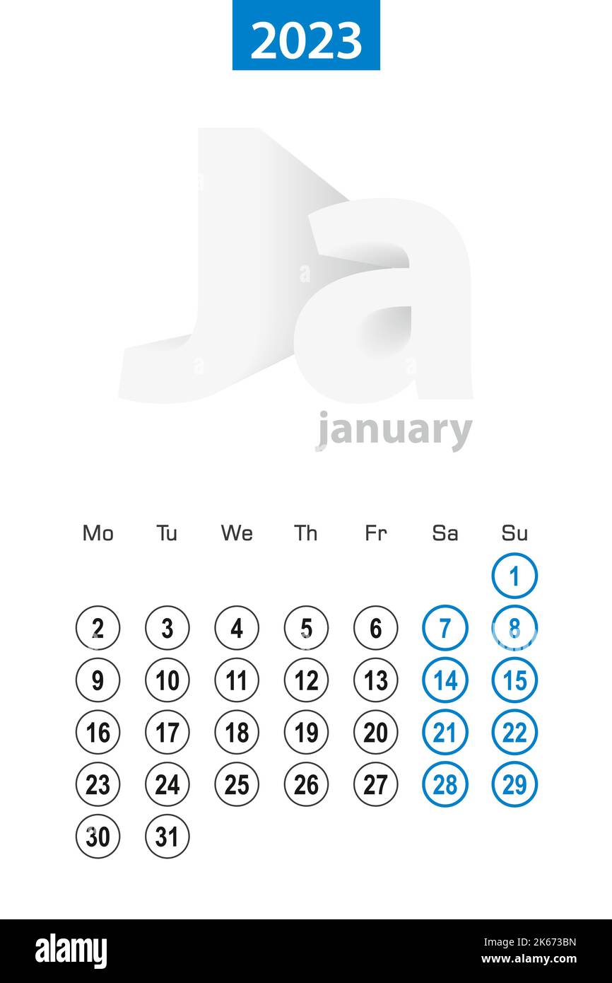Calendar for January 2023, blue circle design. English language, week ...