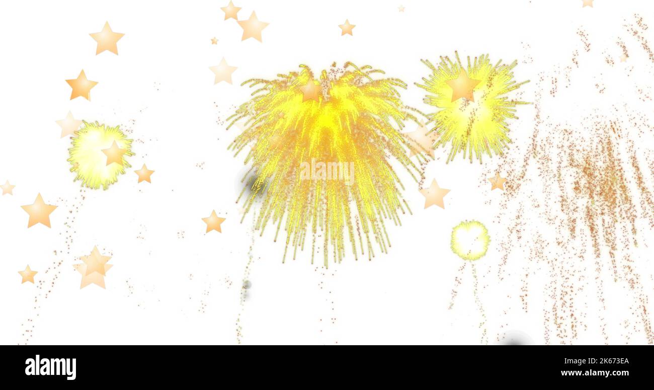 Image of stars falling and fireworks over white background Stock Photo ...